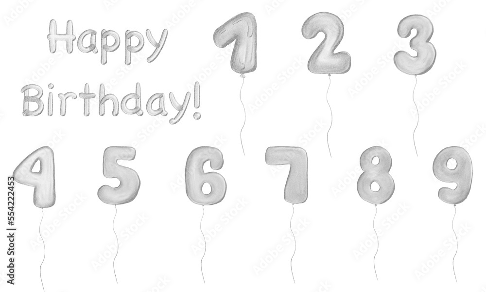 Happy Birthday. Set of glitter silver isolated lettering and numbers ...