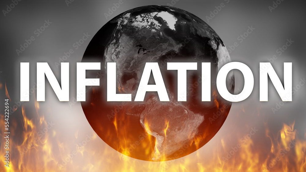 Inflation inscription near Planet Earth. Planet is on fire. Global ...