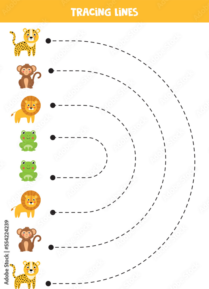 Tracing lines for kids. Cute cartoon wild animals. Writing practice ...