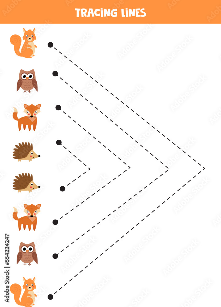 Tracing lines for kids. Cute cartoon forest animals. Writing practice ...