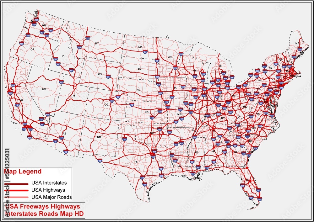 USA Freeways Highways Interstates Roads Map HD Stock Illustration ...
