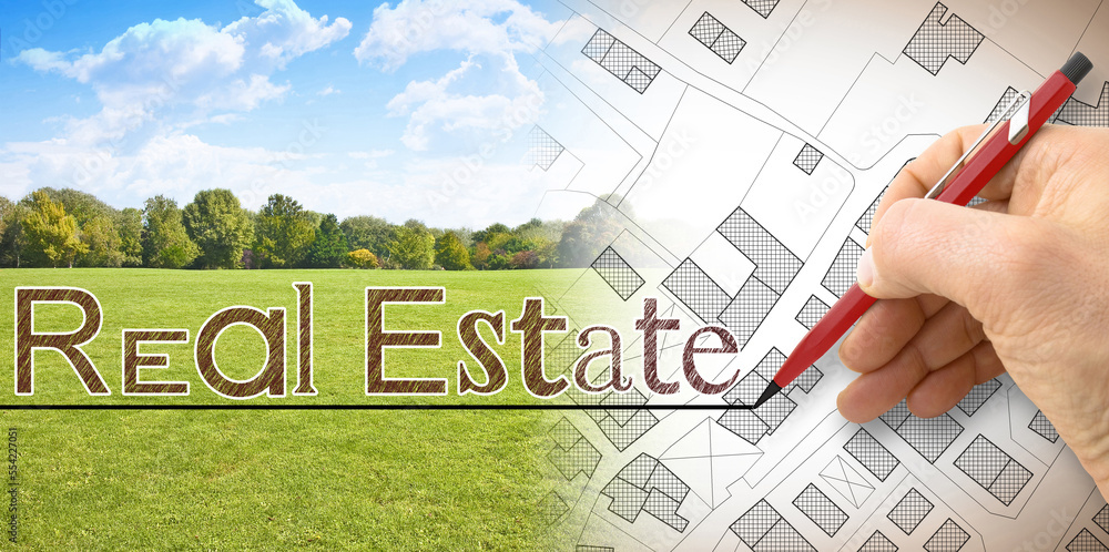 Real Estate and Land plot management concept with hand drawing over an ...