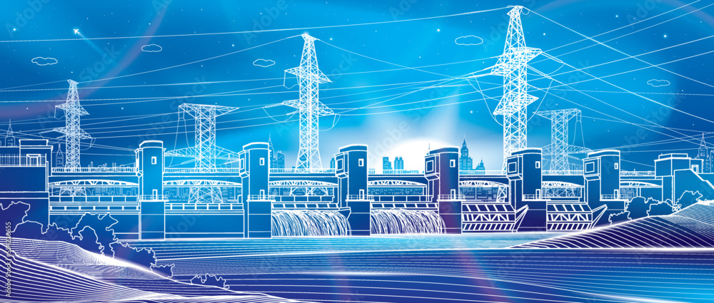 Hydro power plant. River Dam. Renewable energy sources. Neon glow. High ...