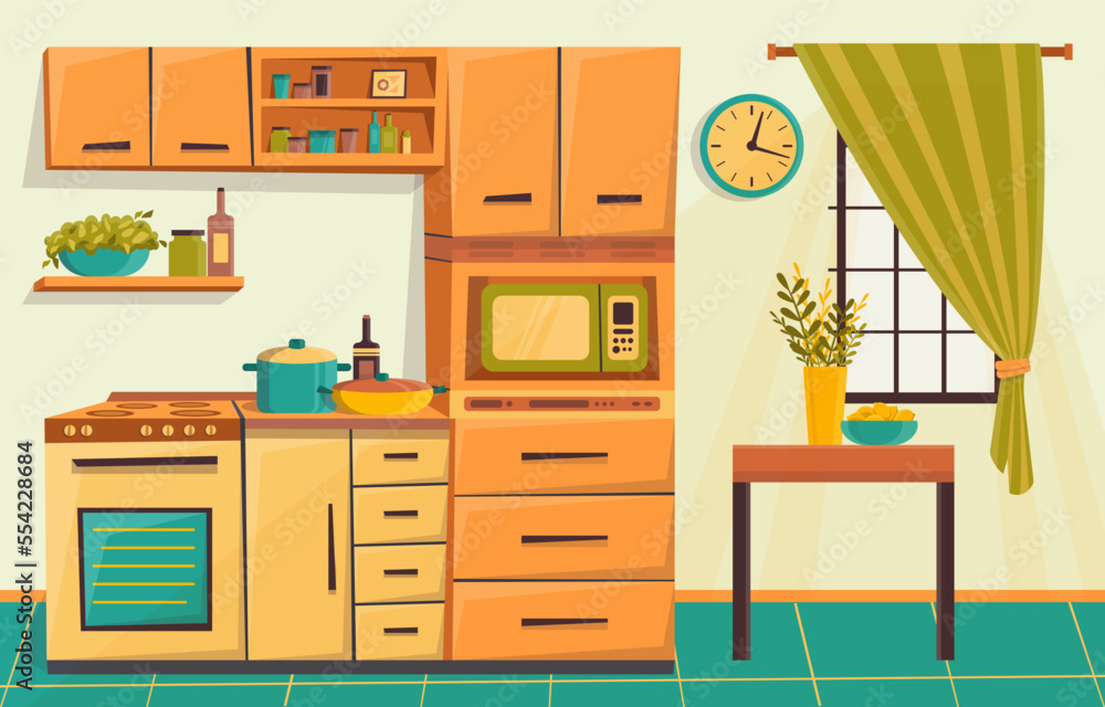 Kitchen interior. Cartoon style vector illustration. Stock Vector ...