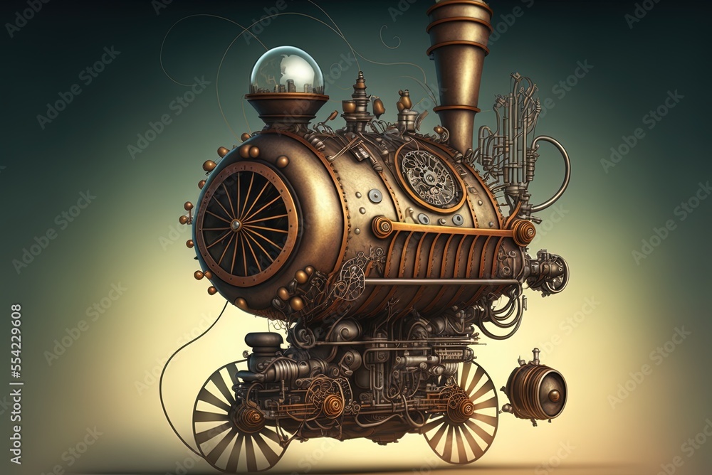 Poster artwork of a steampunk contraption that generates new ideas ...
