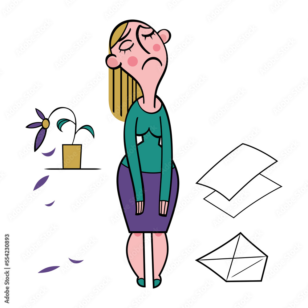 Sad news. Crying sad woman. An open paper envelope and a letter with ...