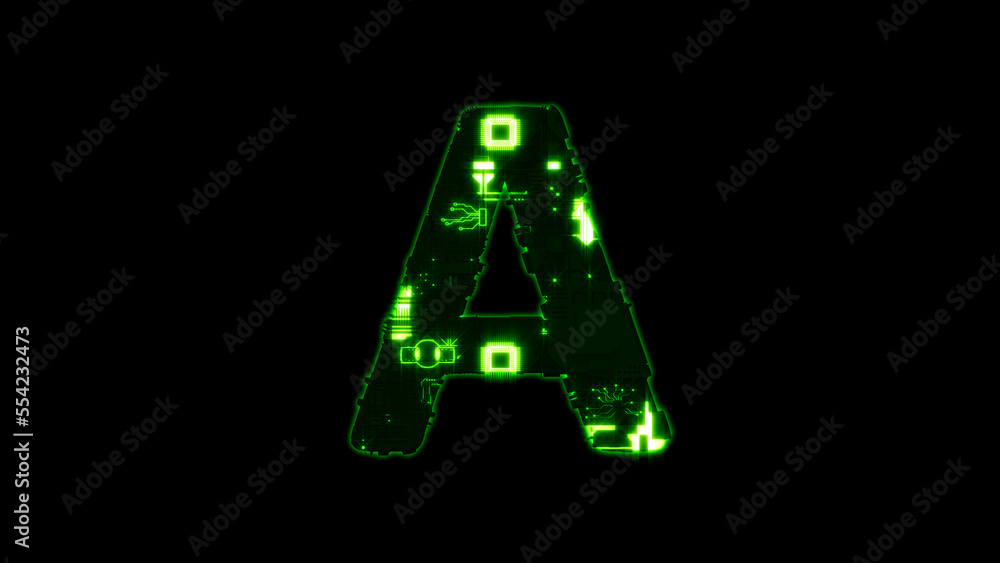 letter A, glowing high tech digital cyberpunk green font on black ...