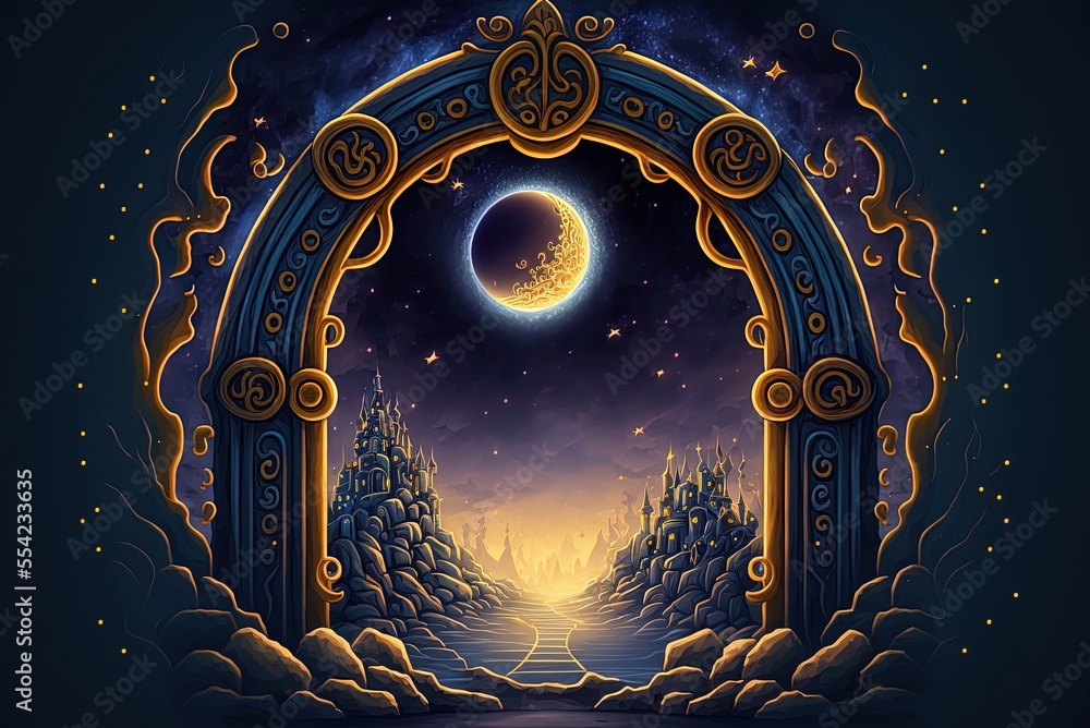 cartoon fantasy image of a nighttime alien realm with a magical gateway ...