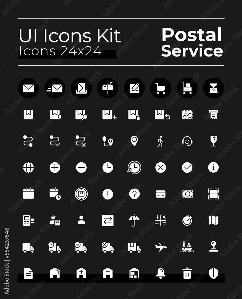 Postal service white glyph ui icons set for dark mode. Silhouette ...