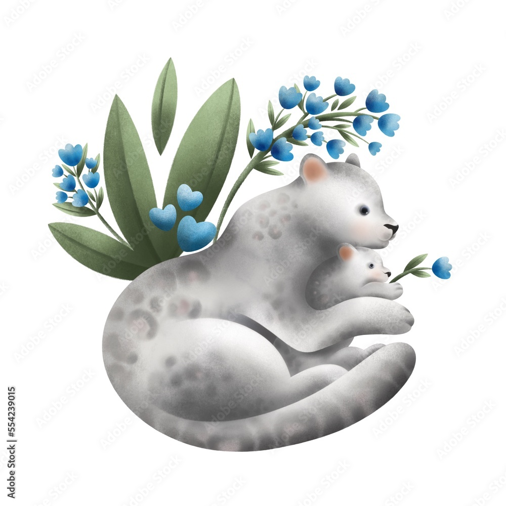 Baby snow leopard hug mom against the green leaves and the little blue ...