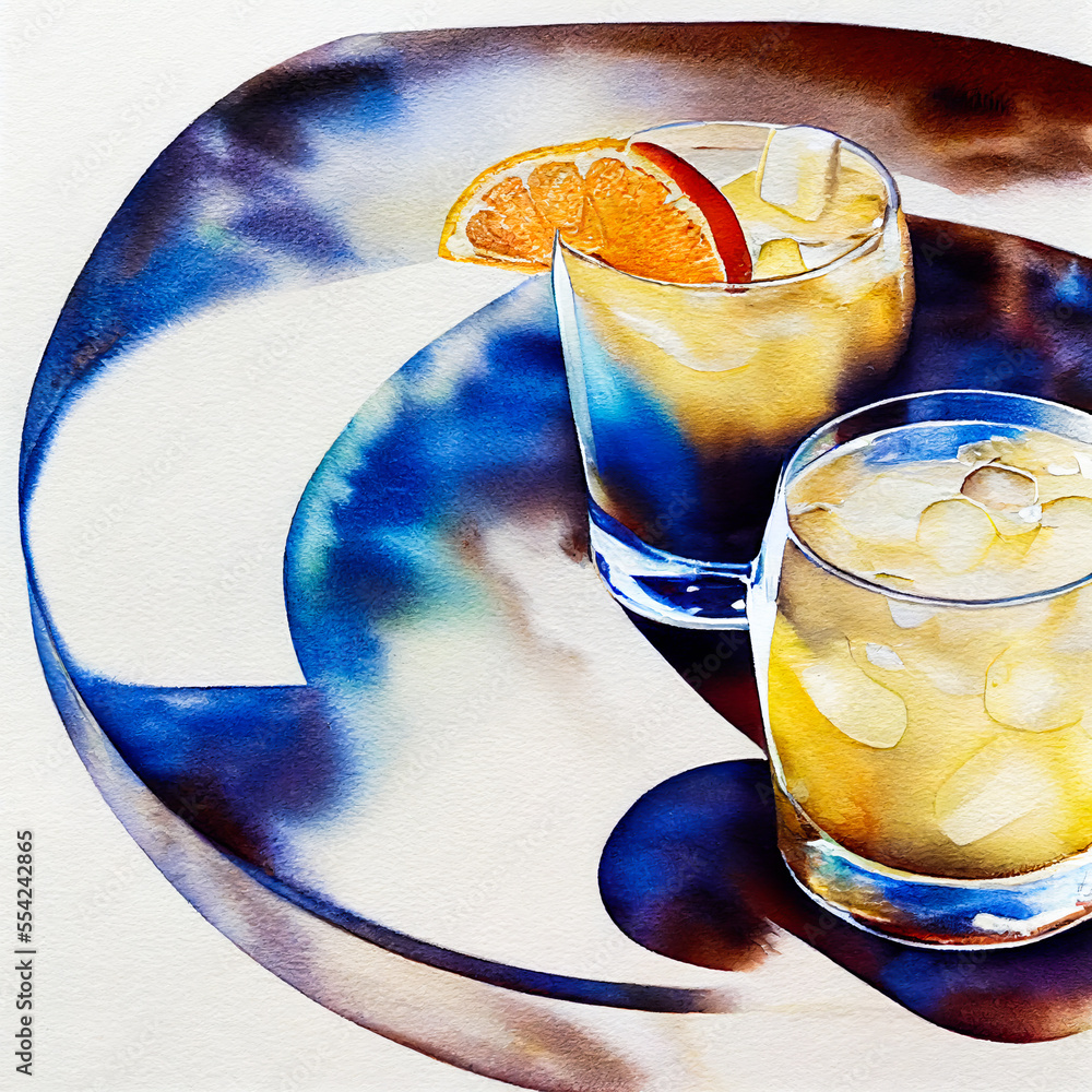 Two yellow cocktail with tropic friuts and straw on a bar table ...