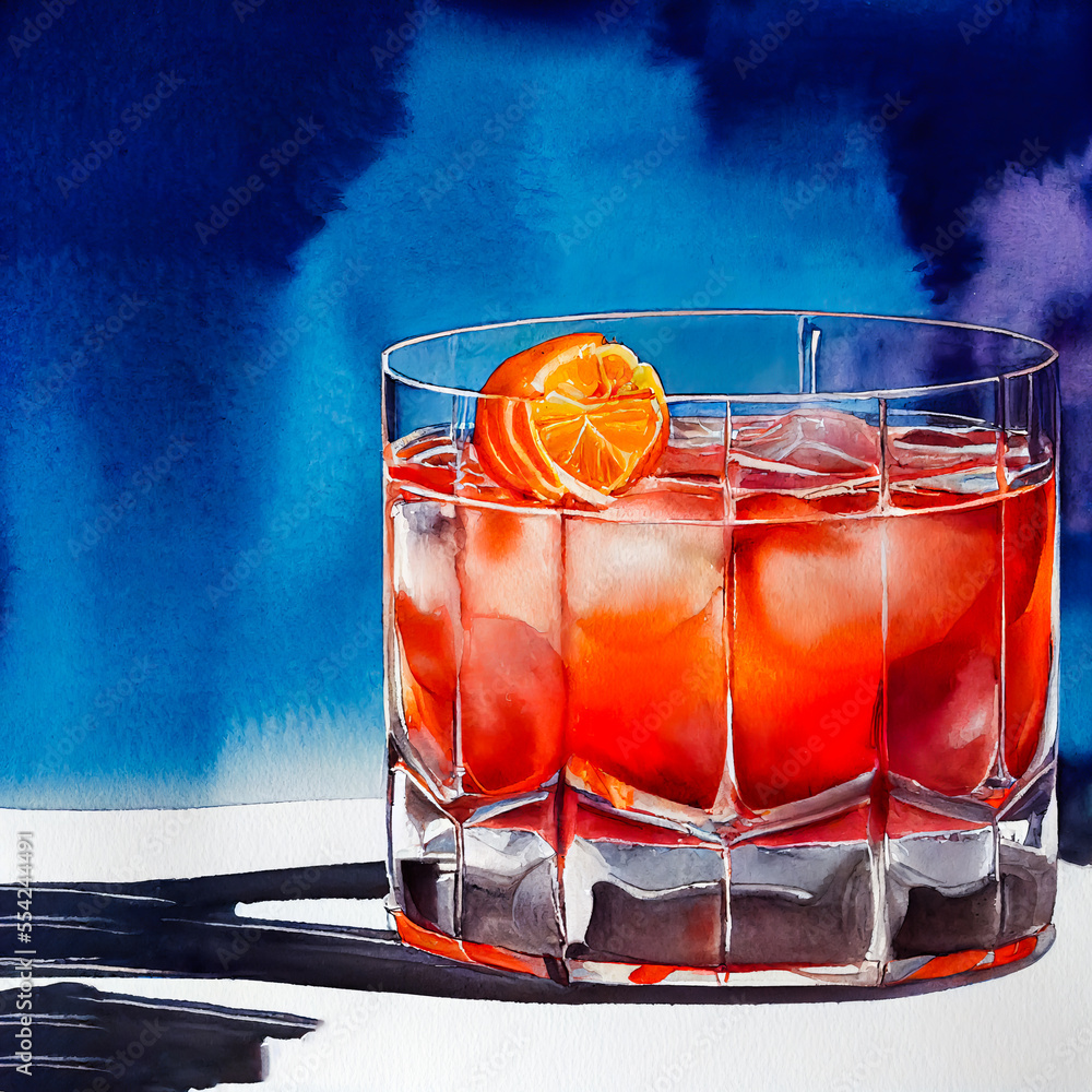 Red cocktail with tropic friuts and straw on a bar table. Watercolor ...