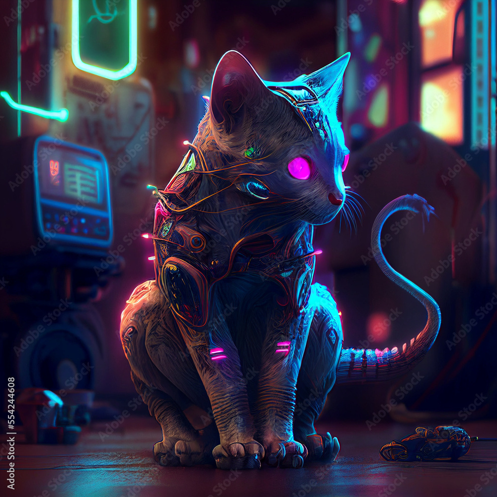 Cyber punk cat with neon light generated by AI. Cat with bright neon ...