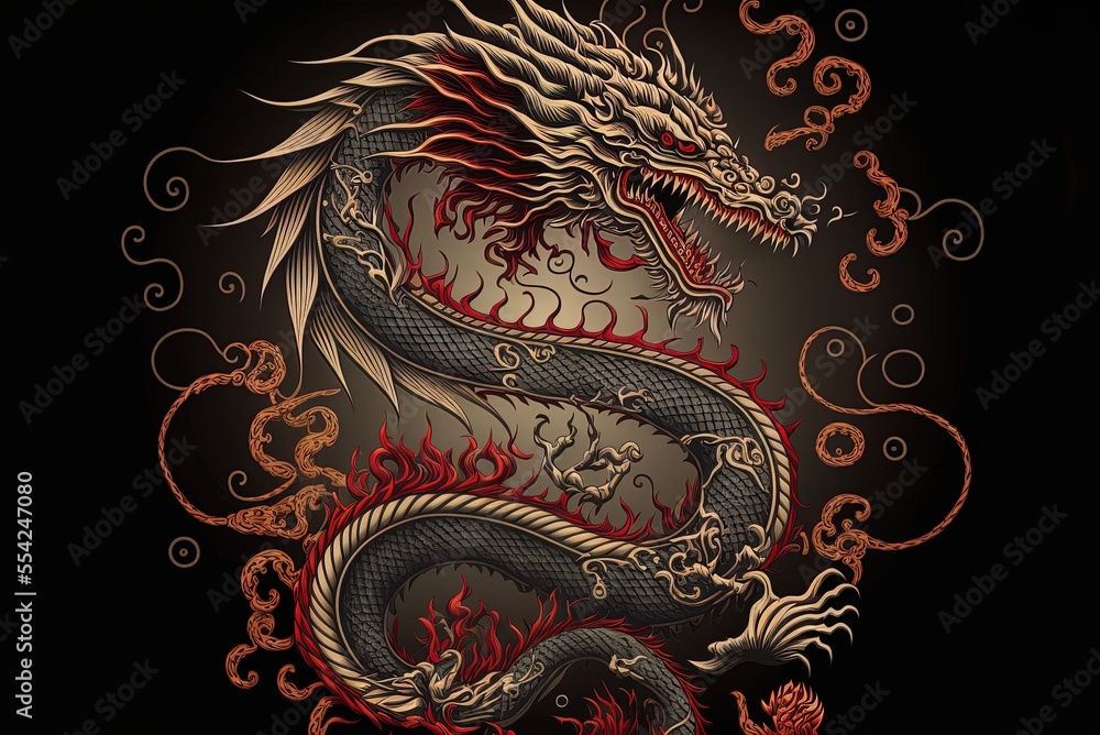 This image features a set dragon tattoo or emblem, a typical Asian sign ...
