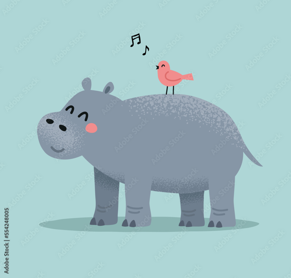 Cute happy hippopotamus is listening to the birds singing vector ...