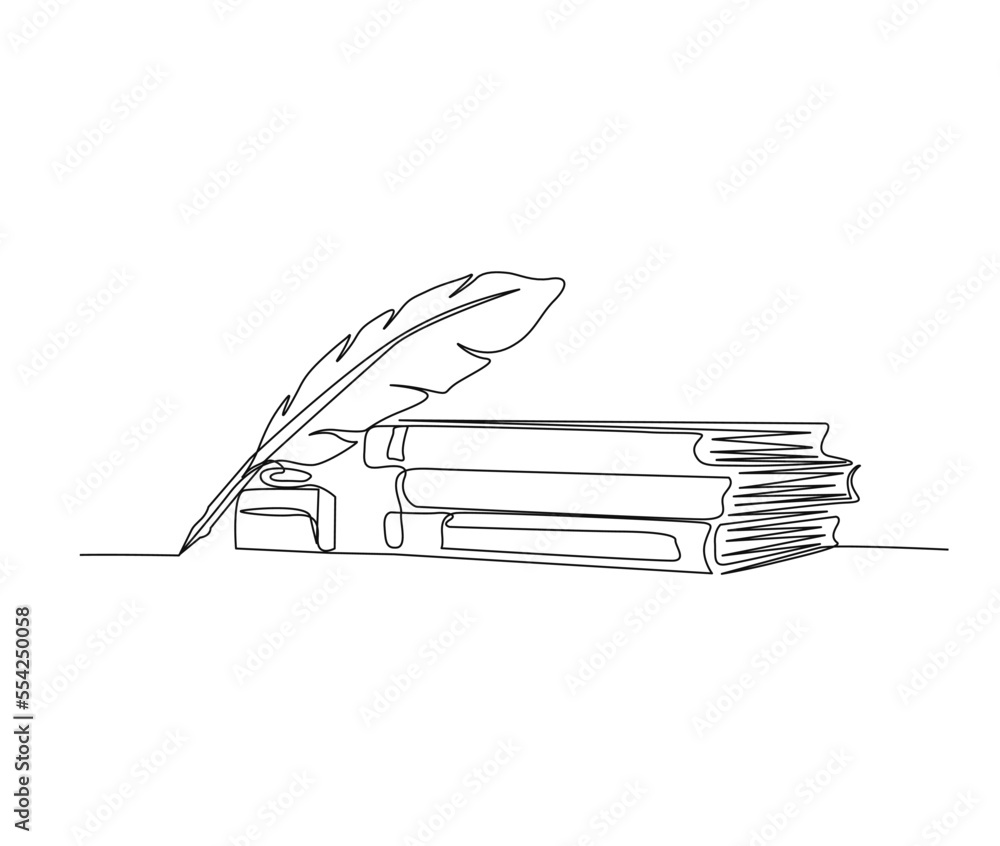 Continuous one line drawing of stack of books, ink and quill pen ...