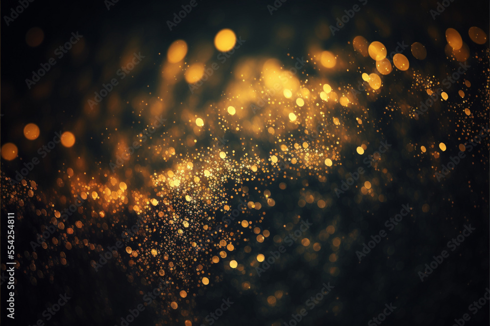 Festive golden glittering in the dark night background with blurred ...