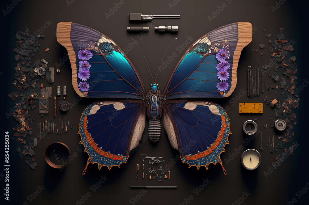 Mechanic butterfly - building process. High angle perspective of ...