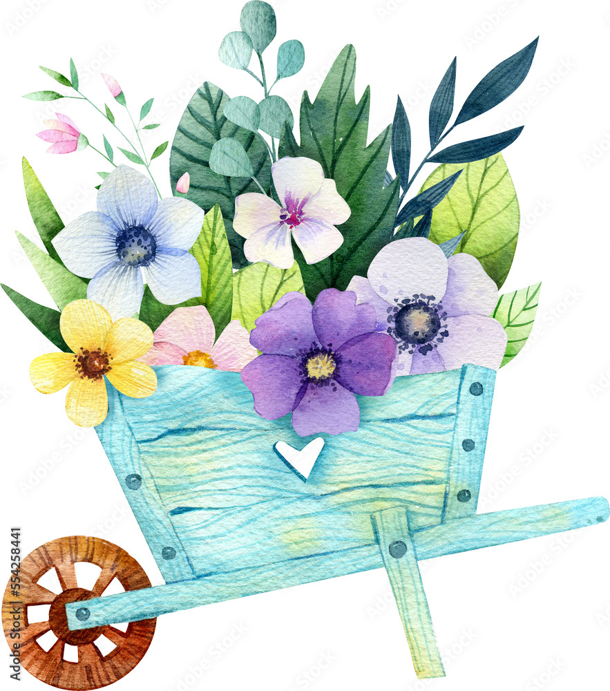 Watercolor floral wheel barrow illustration, summer spring background ...