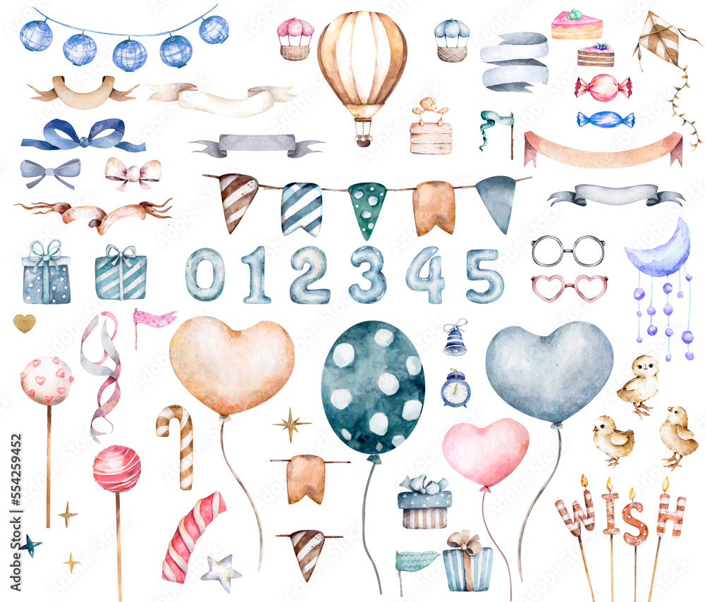 Party decorations watercolor illustration. Cartoon holiday elements set ...