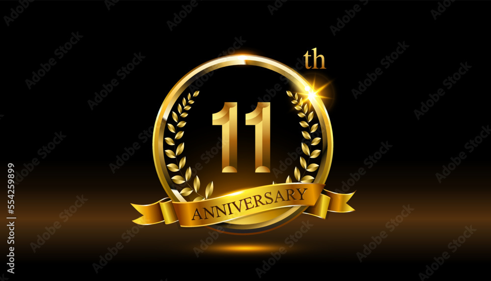 11th anniversary logo with golden ring, confetti and Gold ribbon ...