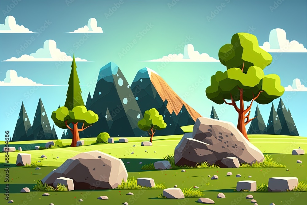 Mountains in a cartoon landscape trees and pebbles on a green field ...