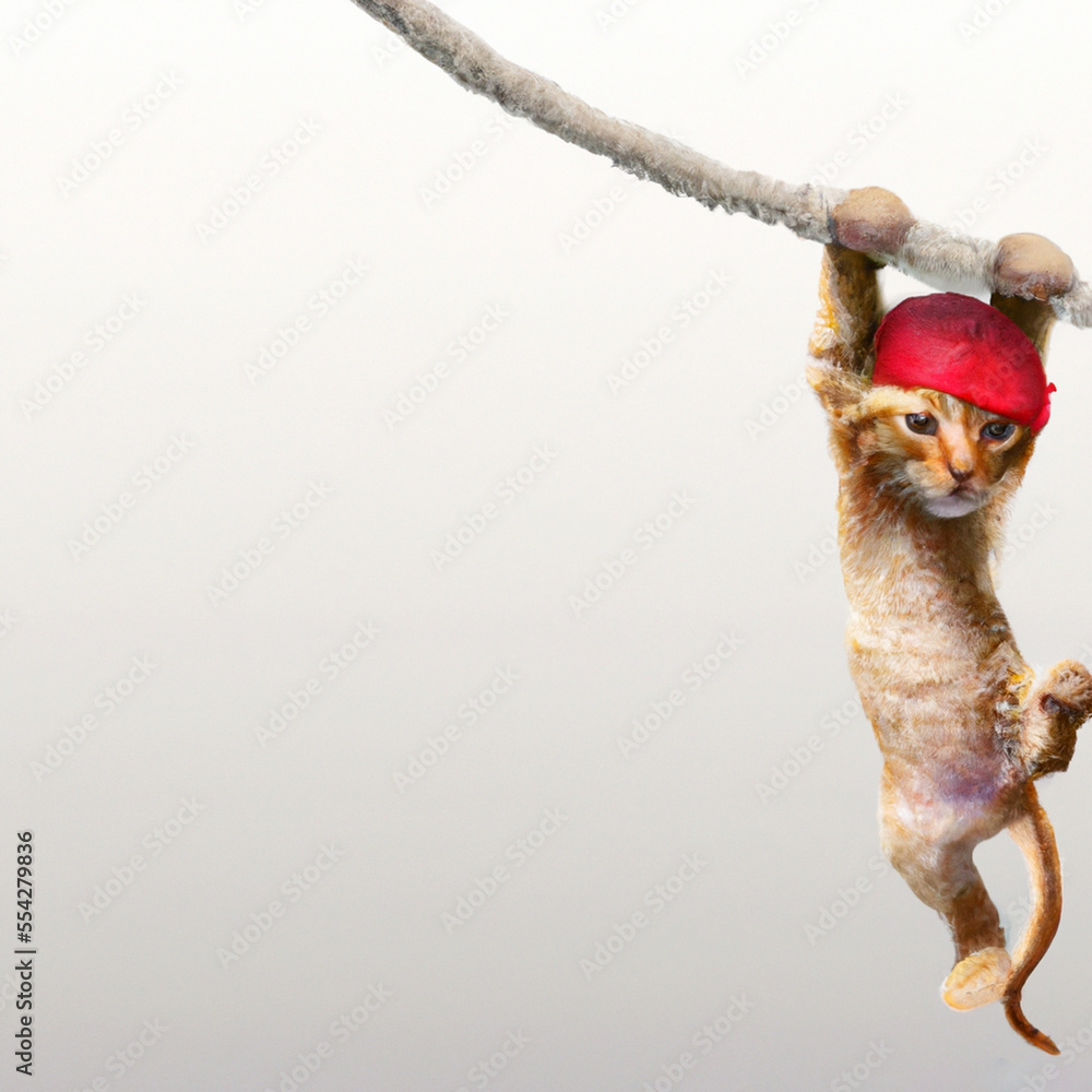 Cat with red bandana desperately hanging onto a rope with copy space ...