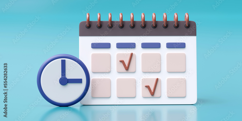 Calendar date check mark and alarm clock. To do checklist done. 3d ...