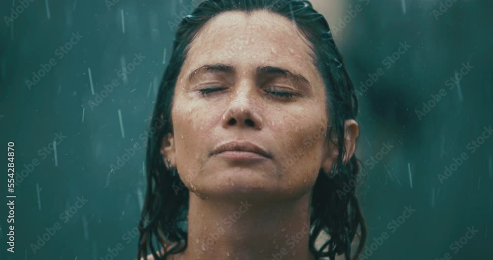 Close up Portrait Blue Eyes Woman Standing in the Rain, Looking up ...