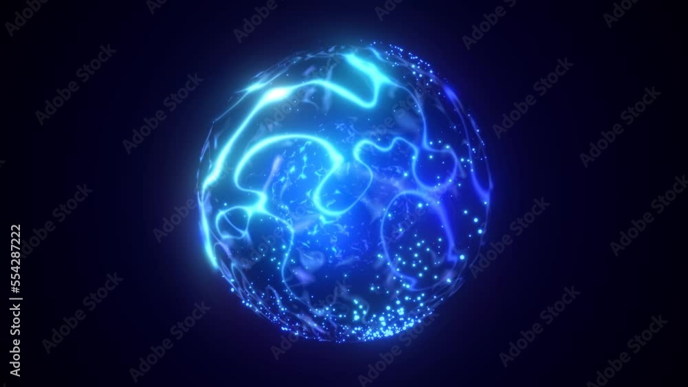 A round blue planet with a molten core in the center in space, a star ...