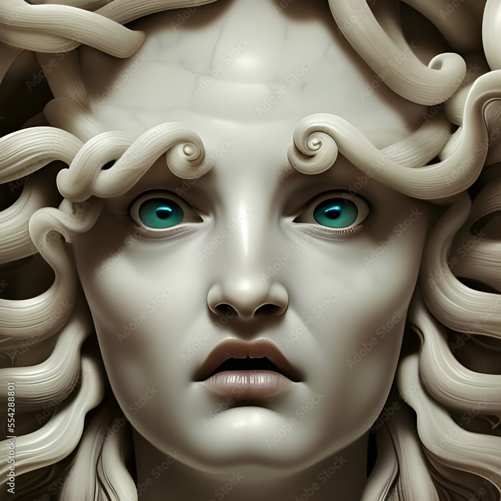 Generative AI image featuring a white marble bust of Medusa, otherwise ...