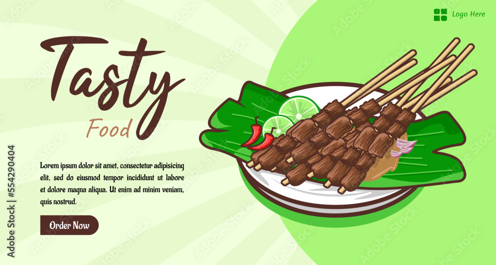 Indonesian food tasty chicken satay banner template vector cartoon ...
