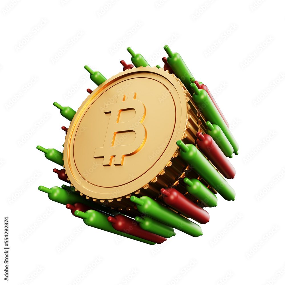 Golden bitcoin with a candlestick chart on a transparent background ...