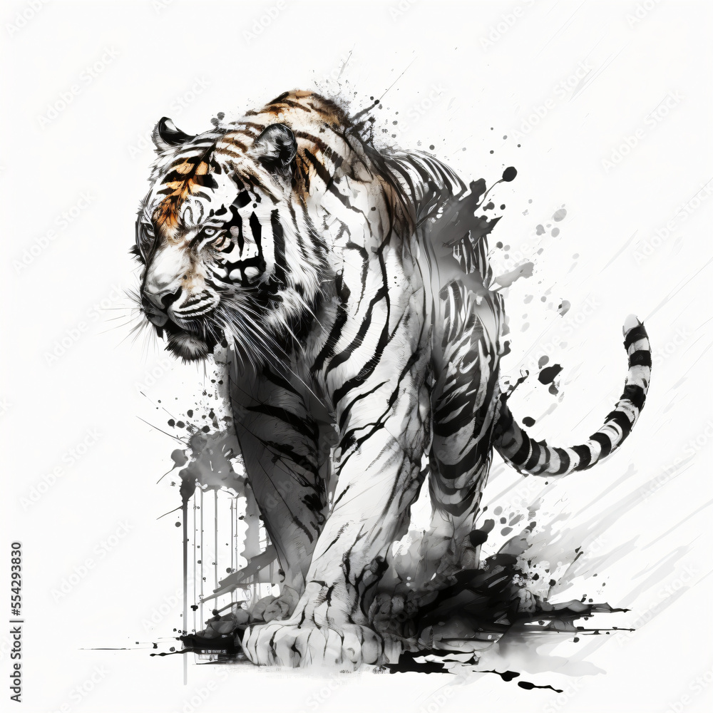 Ink painting of a tiger Stock Illustration | Adobe Stock