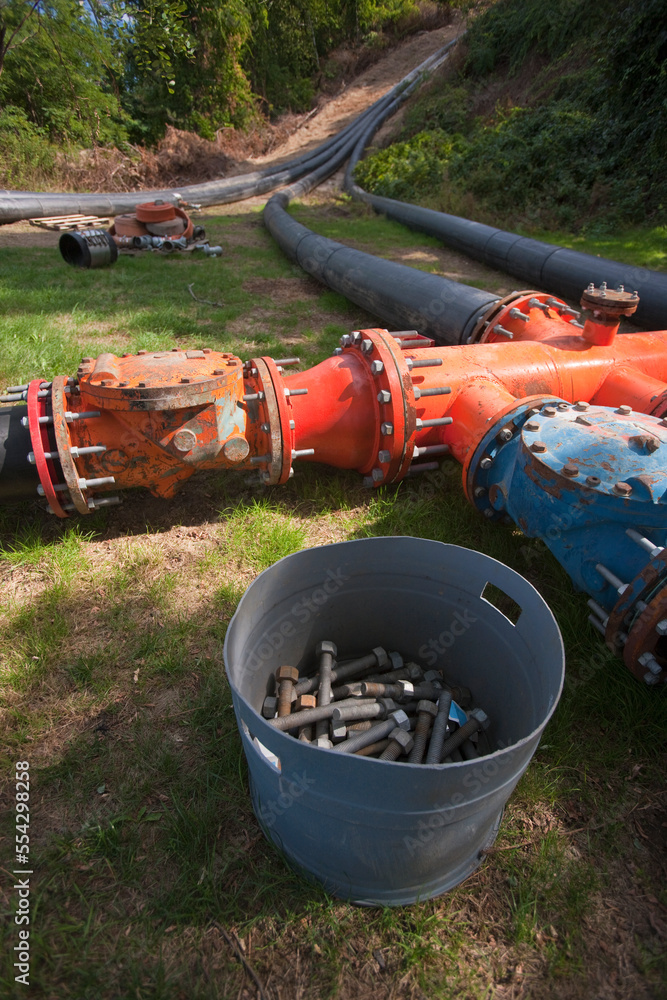Wastewater pipeline and pump at a water treatment plant Stock Photo ...