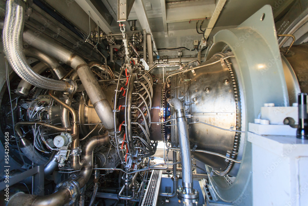 Gas turbine engine at an electricity cogeneration plant Stock Photo ...