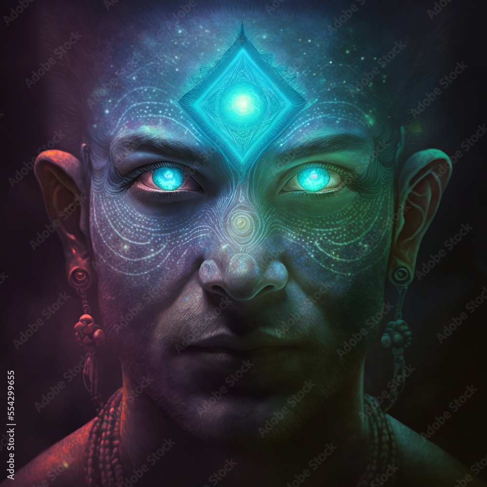magician sorcerer shaman with glowing eyes and patterns on his face ...