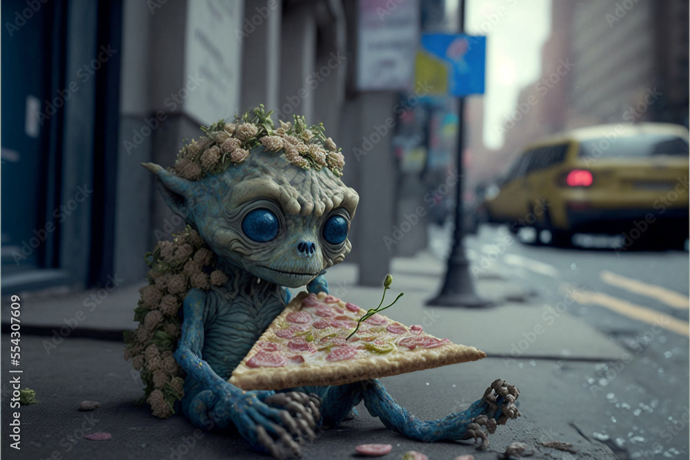 Cute and sad alien monster with flowers sitting on the street of a big ...