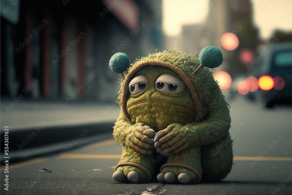 Cute and sad alien monster sitting on the street of a big city. Paled ...