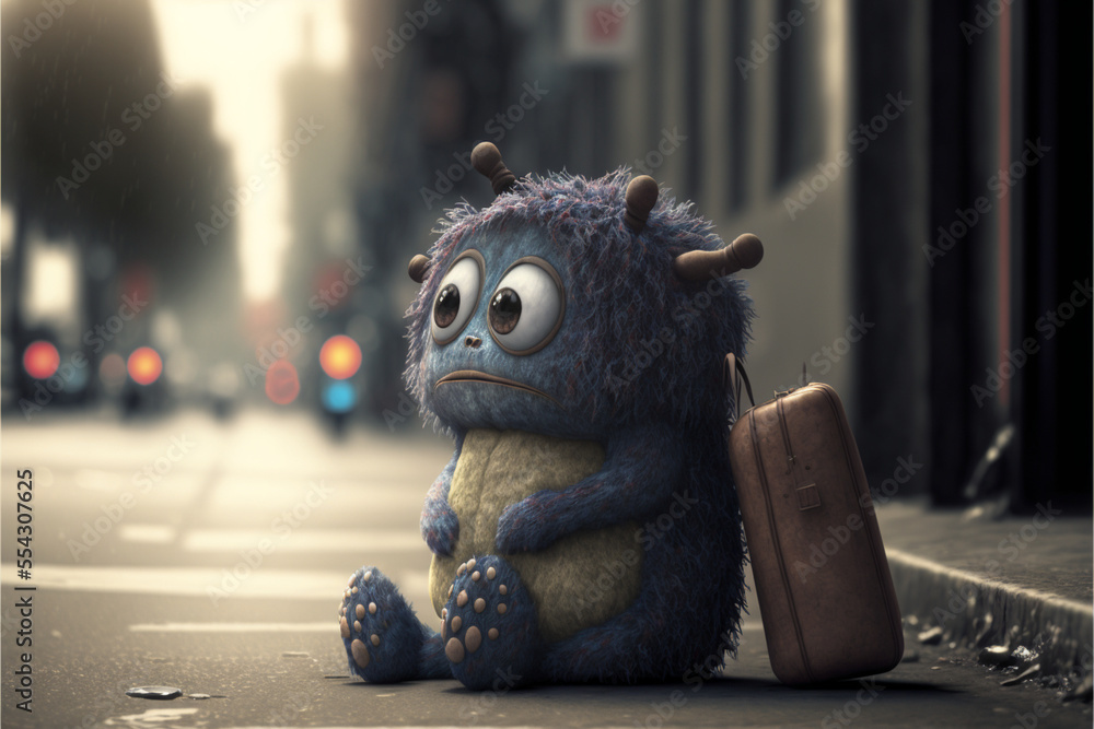 Cute and sad alien monster sitting on the street of a big city. Paled ...
