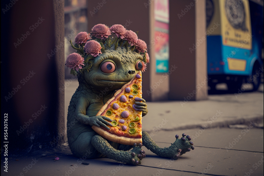 Cute and sad alien monster with flowers sitting on the street of a big ...