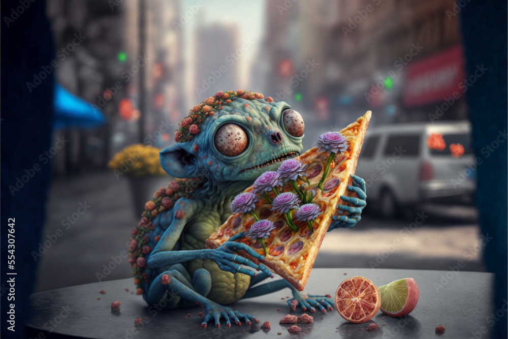 Cute and sad alien monster with flowers sitting on the street of a big ...