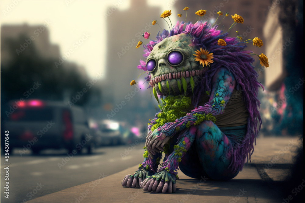 Cute and sad alien monster with flowers sitting on the street of a big ...