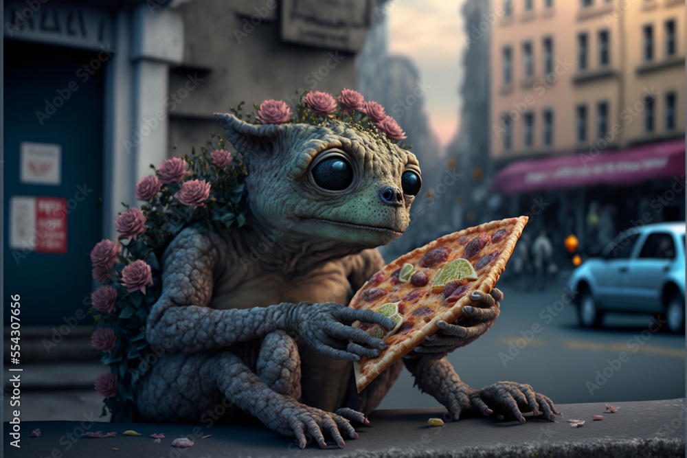 Cute and sad alien monster with flowers sitting on the street of a big ...