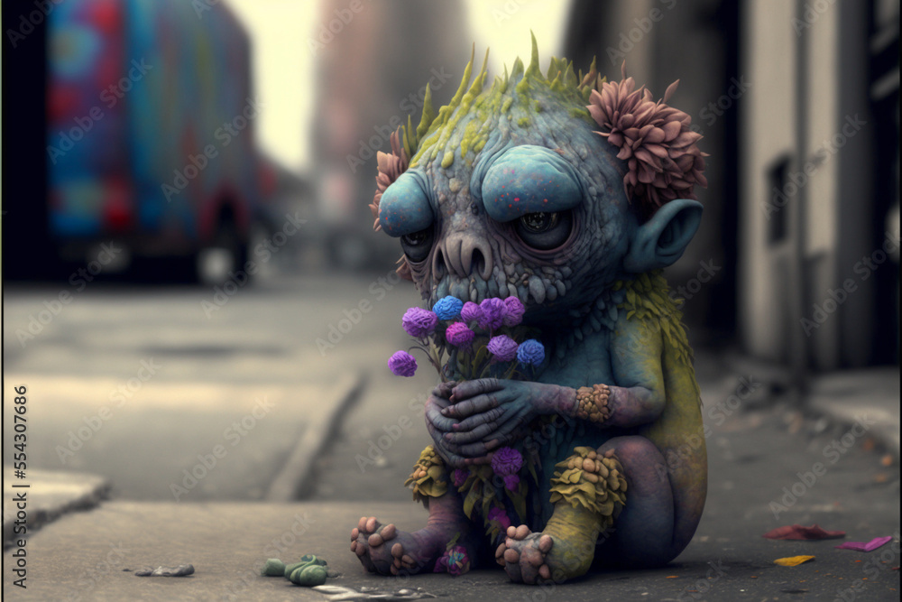 Cute and sad alien monster with flowers sitting on the street of a big ...