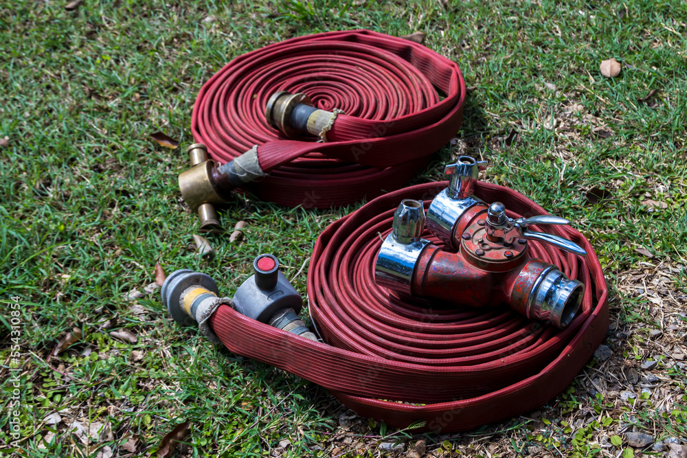 Fire hose pack prepare ready to use. fire Hose set Stock Photo | Adobe ...