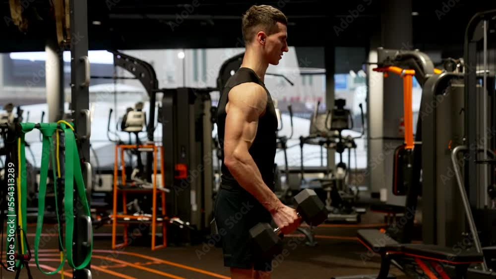 Vidéo Stock Bodybuilder guy doing dumbbell biceps triceps arms ...