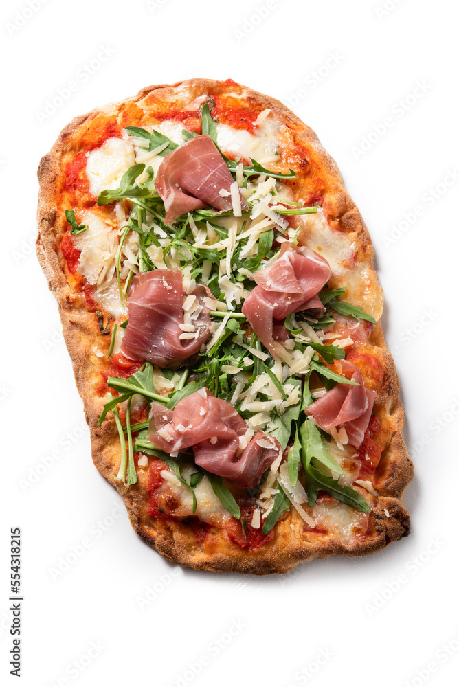 Deliziosa tipica pinsa romana condita con prosciutto crudo, parmigiano ...