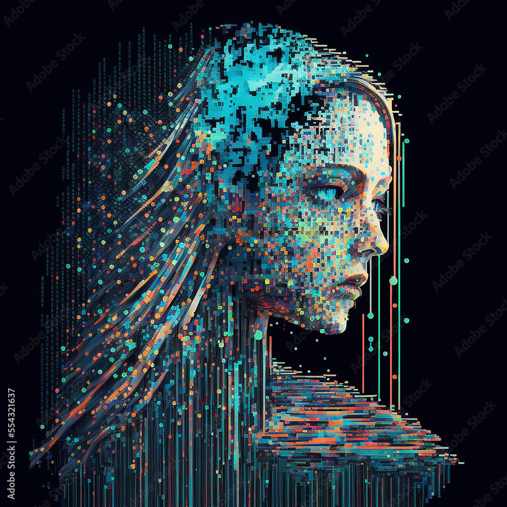 Ai generated pixelated female looking to the side. Created using ai ...