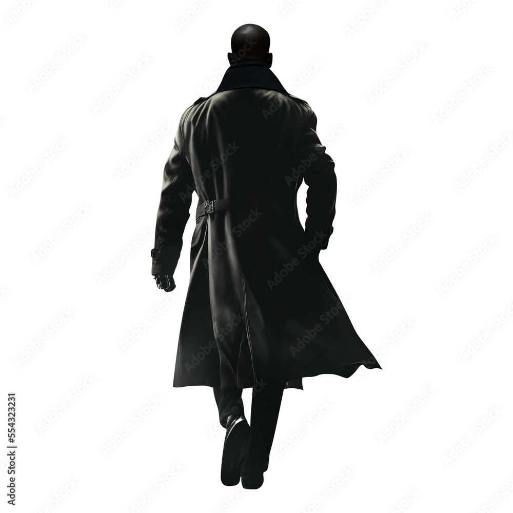 Black man walking away. Trench coat and fedora. Mafia man. Private ...